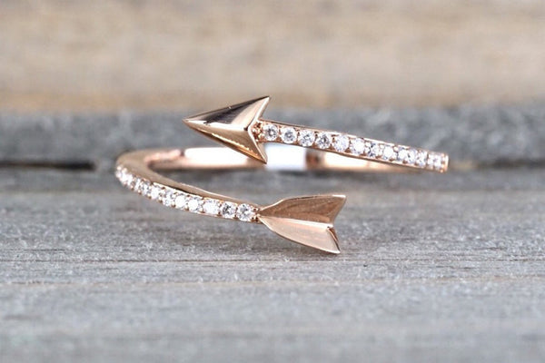 14k Solid Rose Gold Diamond Arrow Open Fashion Ring Band Love Dainty Stackable